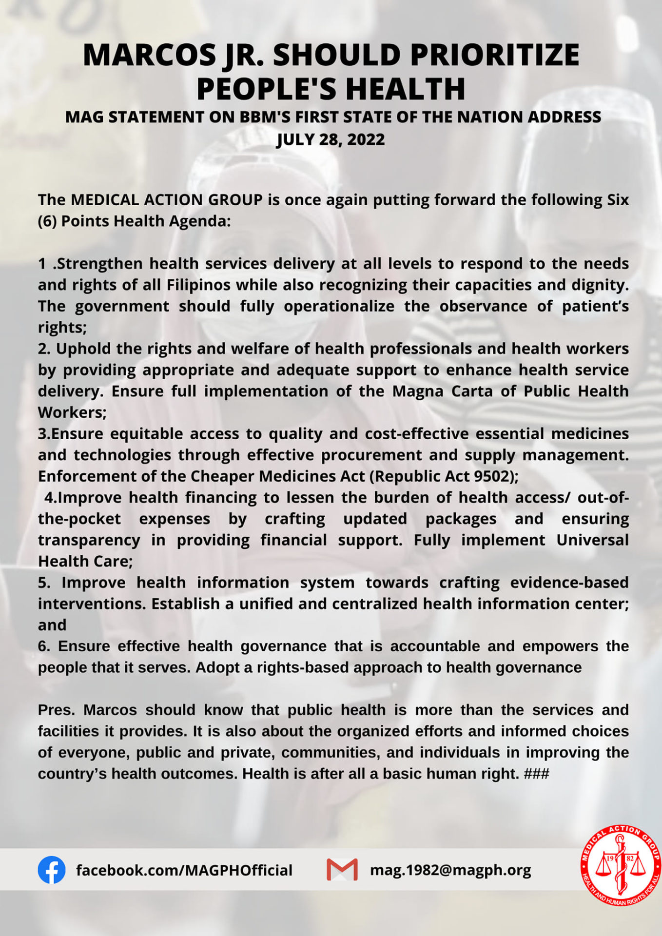 STATEMENT ON BBM'S 1ST SONA - Medical Action Group
